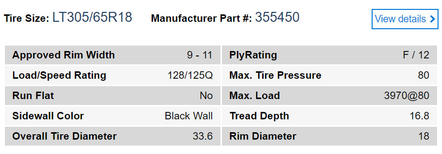 Chart displaying Open Country A/T III tire specs